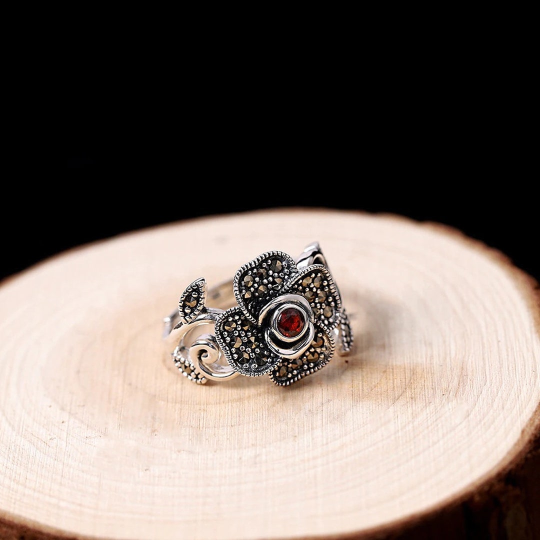 Women Rose Ring, Sterling Silver, Marcasite Flower Leaf Ring, Vintage ...