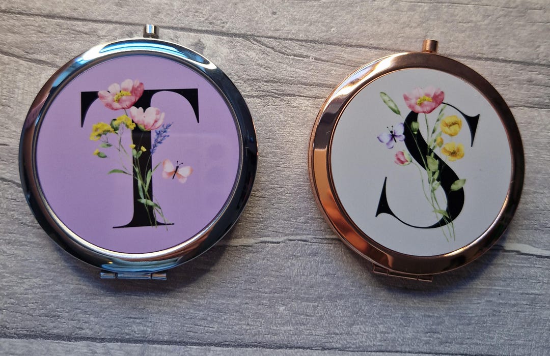 Floral Initial Compact Mirror Bridesmaid Birthday Gift Wedding Favour ...
