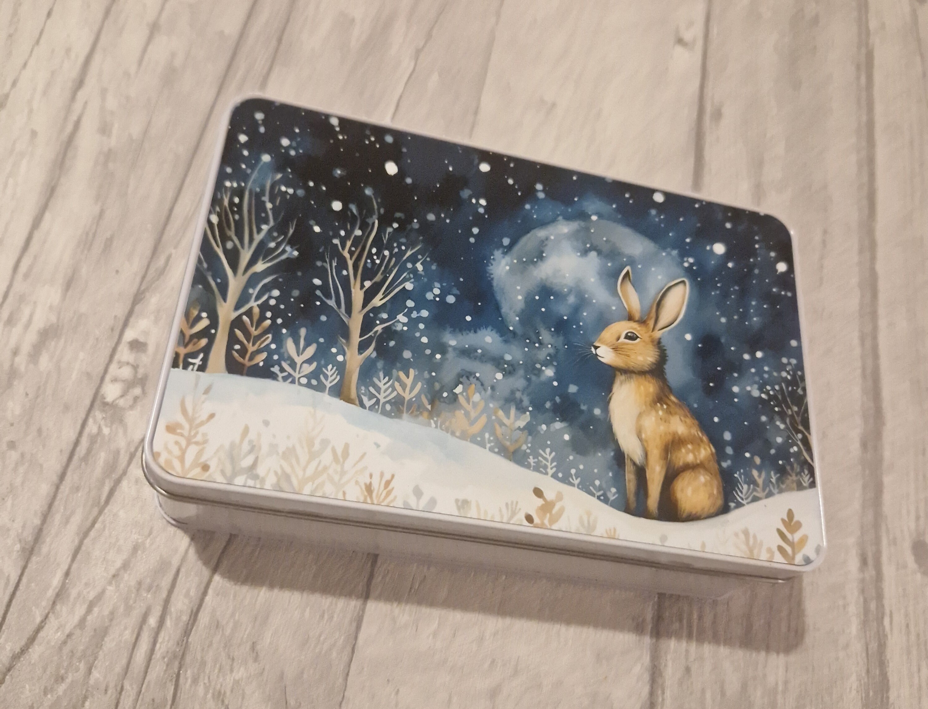 Winter Hare Tin, Rabbit Tin, Christmas Hare, Storage Tin, Biscuit Tin ...