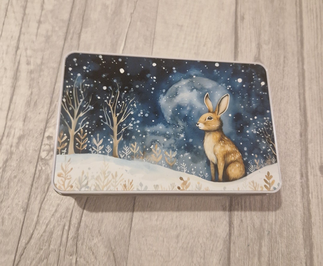 Winter Hare Tin, Rabbit Tin, Christmas Hare, Storage Tin, Biscuit Tin ...