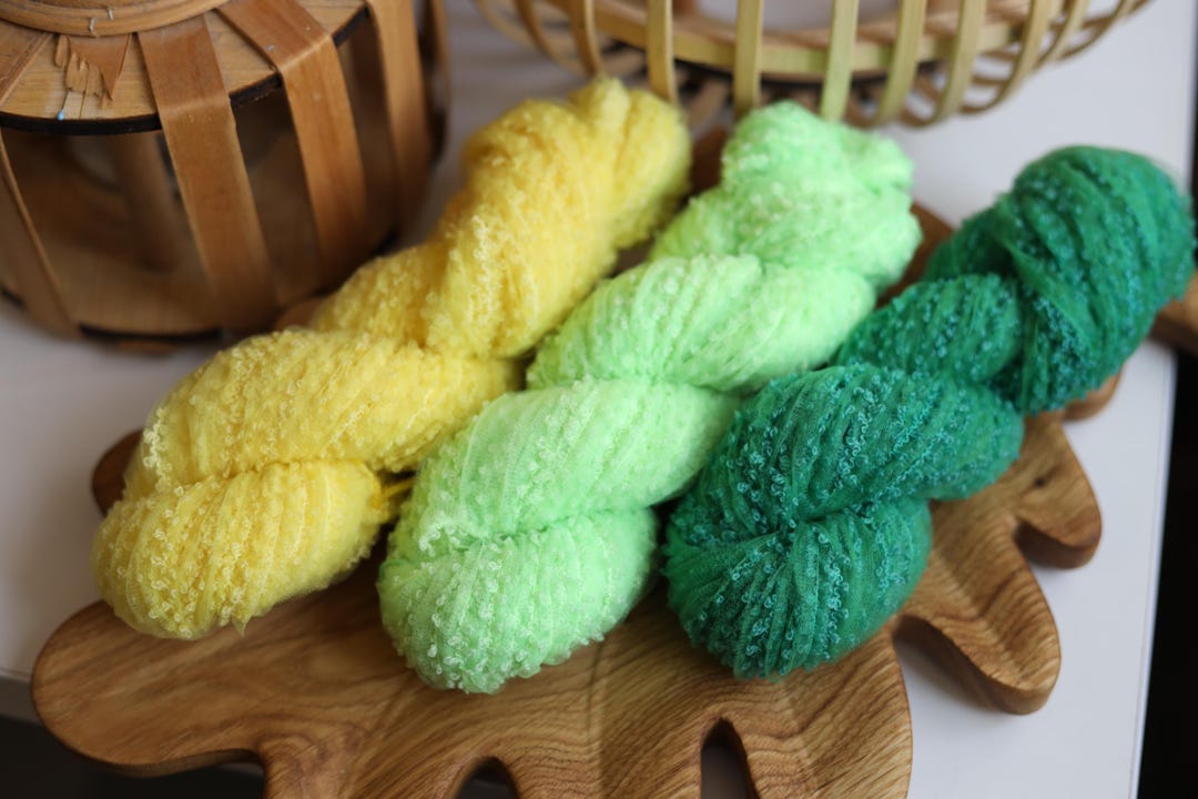 Ribbon Yarn, Variegated Hand Dyed Yarn, Textured Light Green Yellow ...