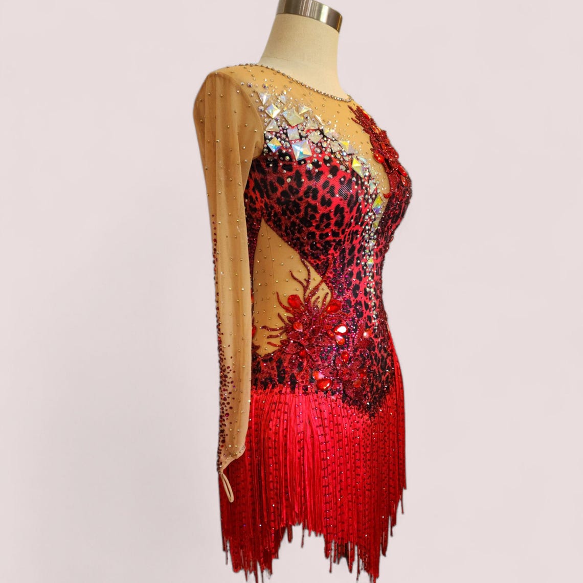 Red Latin Dance Dress: Rhinestone Fringe, Ballroom Competition Costume ...
