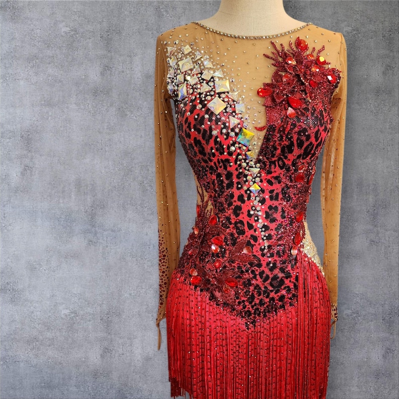 Red Latin Dance Dress: Rhinestone Fringe, Ballroom Competition Costume ...