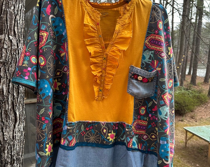 Boho Mustard, Denim ‘n Multi-colored Poncho Tunic, Women's Colorful ...