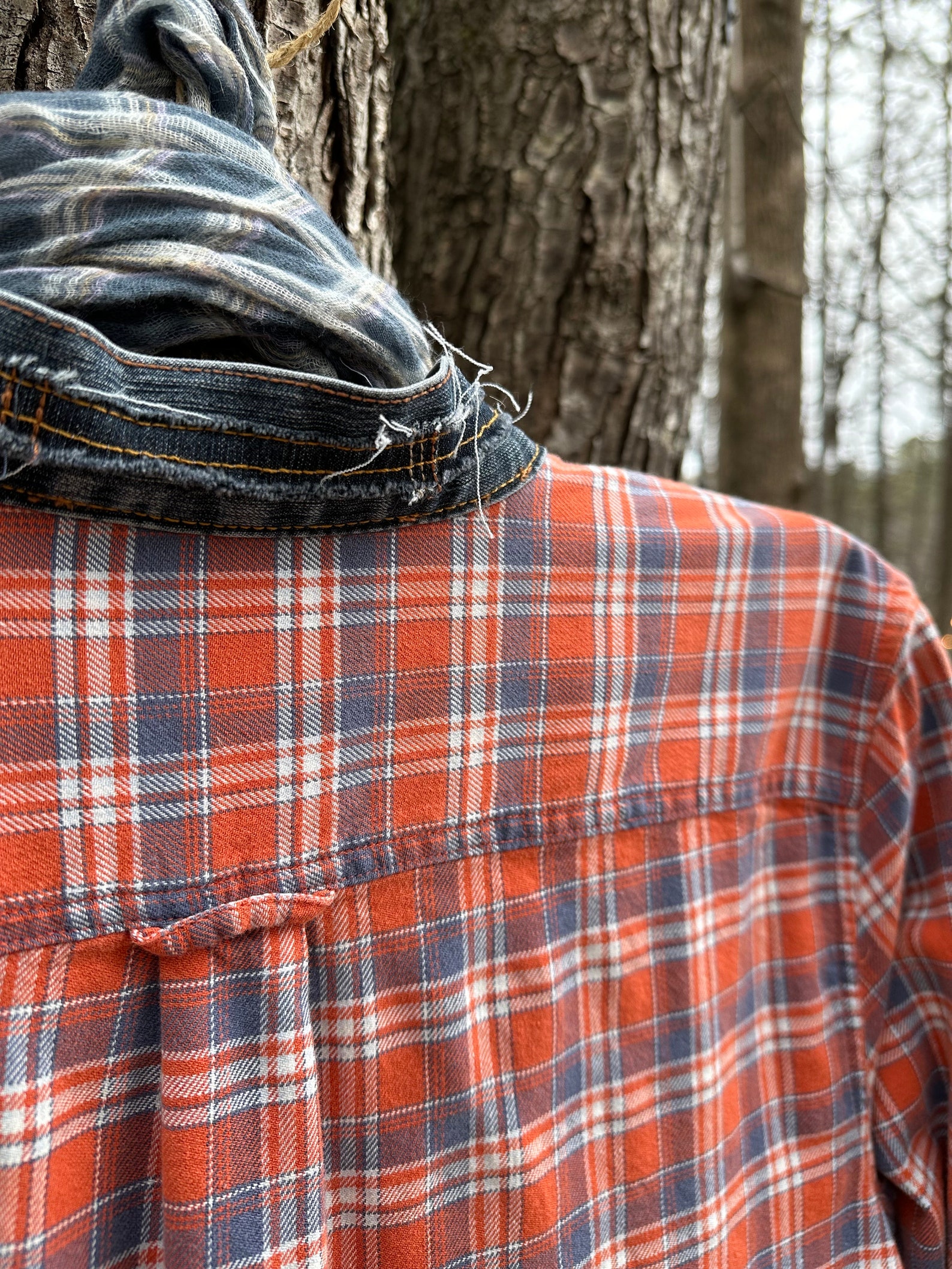 Up-cycled Denim and Orange Plaid Boho Art Jacket Women's Sz L One-of-a ...