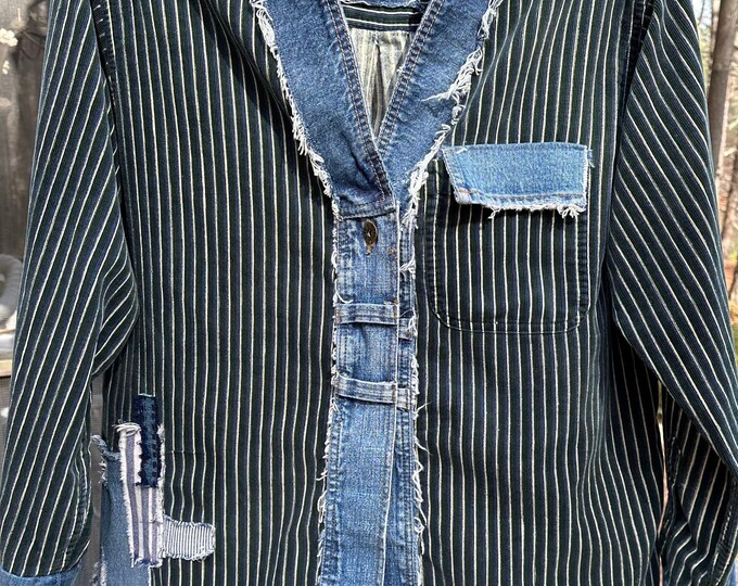 Unisex Corduroy and Denim Shacket, Upcycled Gender-neutral Striped ...