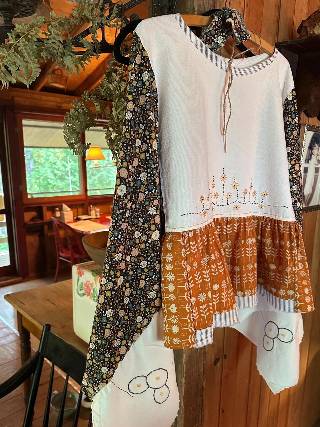 Boho Upcycled Tunic: Vintage Tea Towel & Modern Print, Hand-embroidered ...