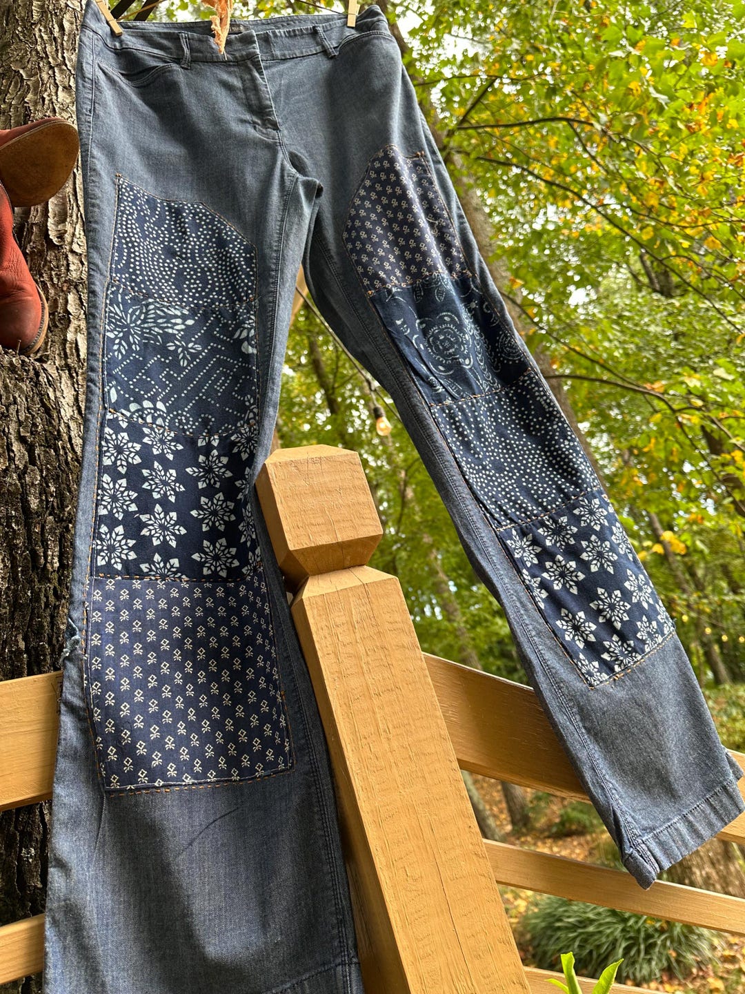 Upcycled Chambray Flare Trousers: Women's Size 8 Indigo Print Jeans - Etsy