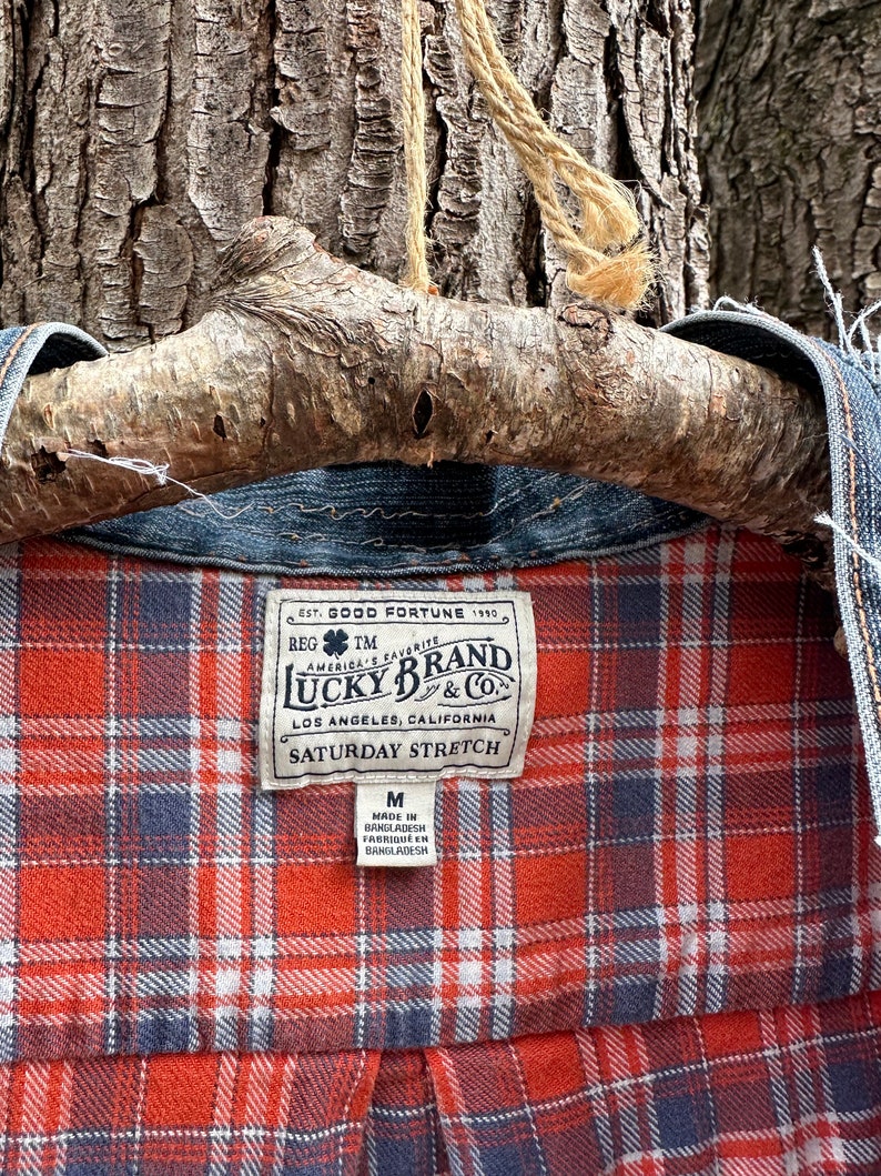 Up-cycled Denim and Orange Plaid Boho Art Jacket Women's Sz L One-of-a ...