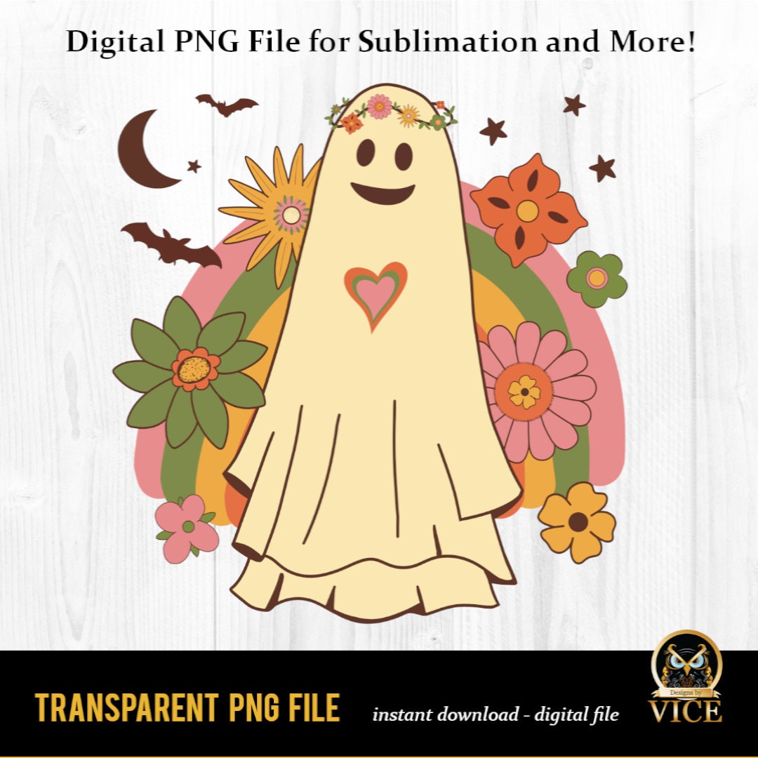 Cute Hippie Ghost Girl, 70s Retro Halloween PNG Sublimation Design ...