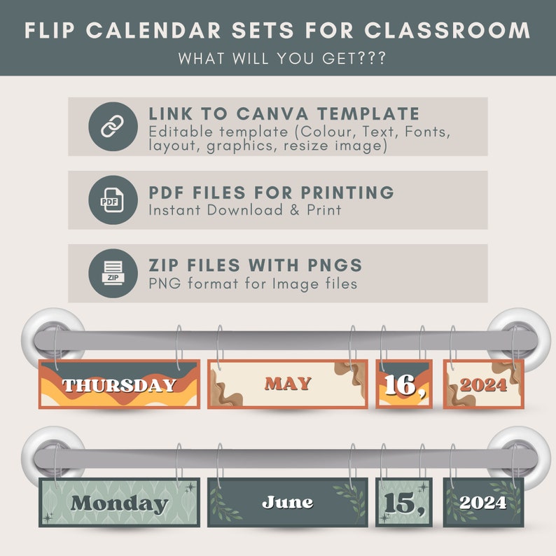 Boho Classroom Calendar Display Sets, Editable Printable (instant ...