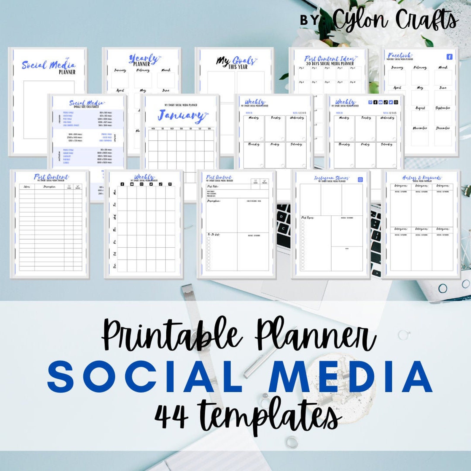 Printable Smart Social Media Planner-blue, Post Content Ideas Tracker ...