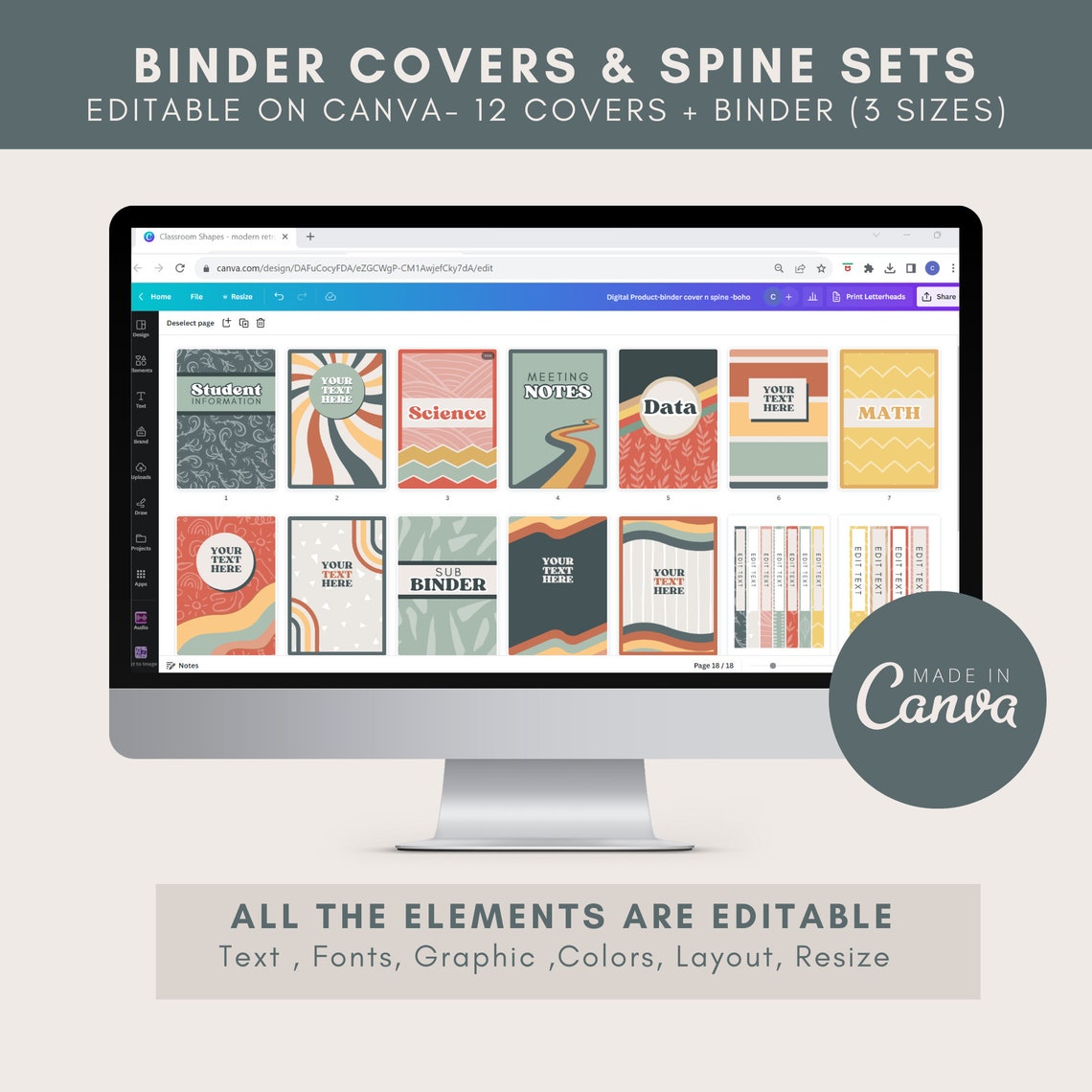 Editable Boho Binder Covers and Spines, Teacher Organization (canva ...