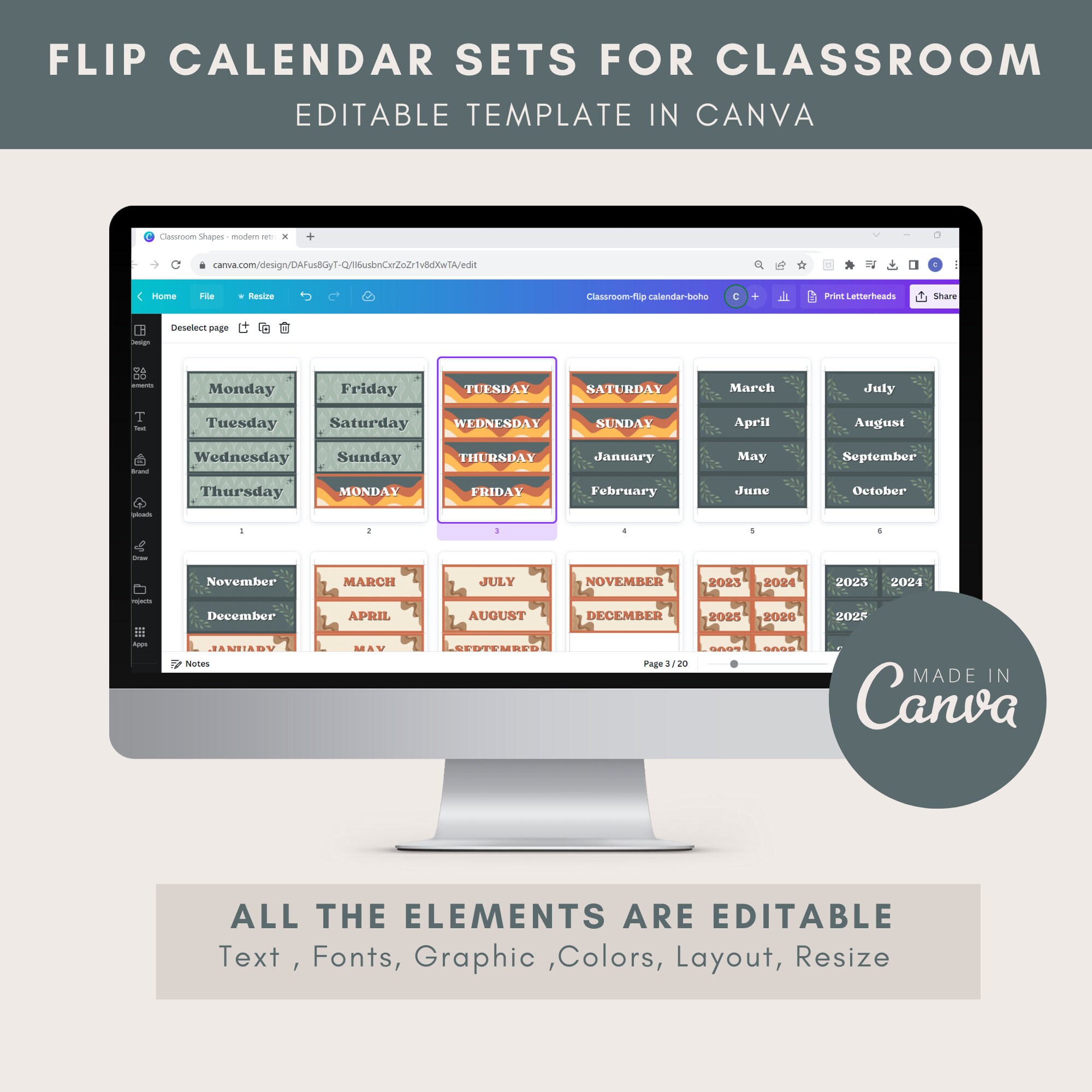 Editable Classroom Flip Calendar Display Sets Classroom Decor Modern ...