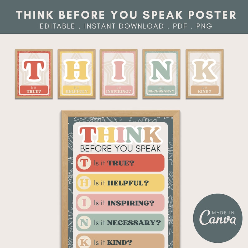 THINK Posters Sets Classroom Decor Boho Style Printable Wall Art ...