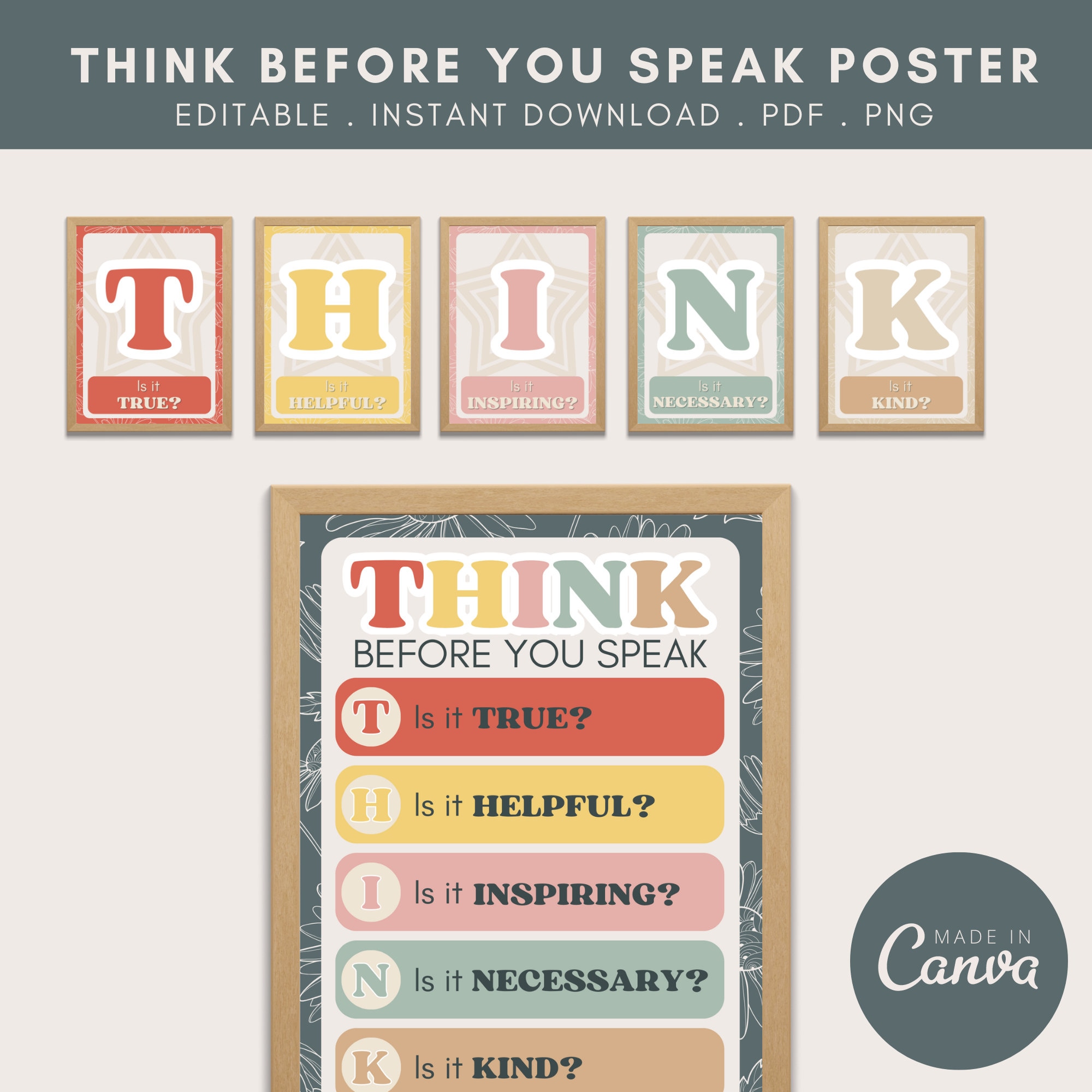 THINK Posters Sets Classroom Decor Boho Style Printable Wall Art ...