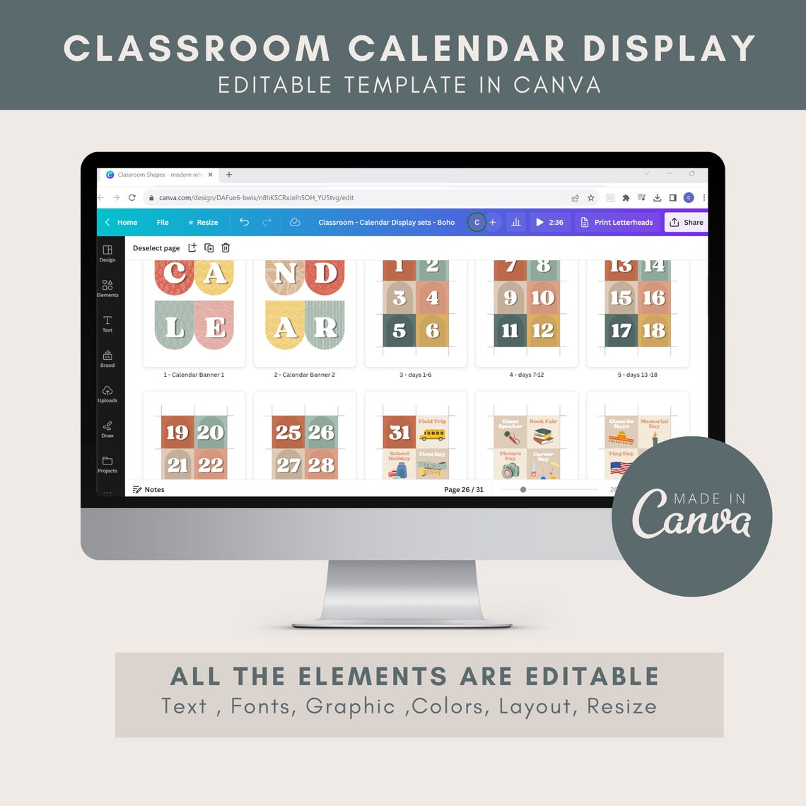 Boho Classroom Calendar Display With Weather Station (canva Editable ...