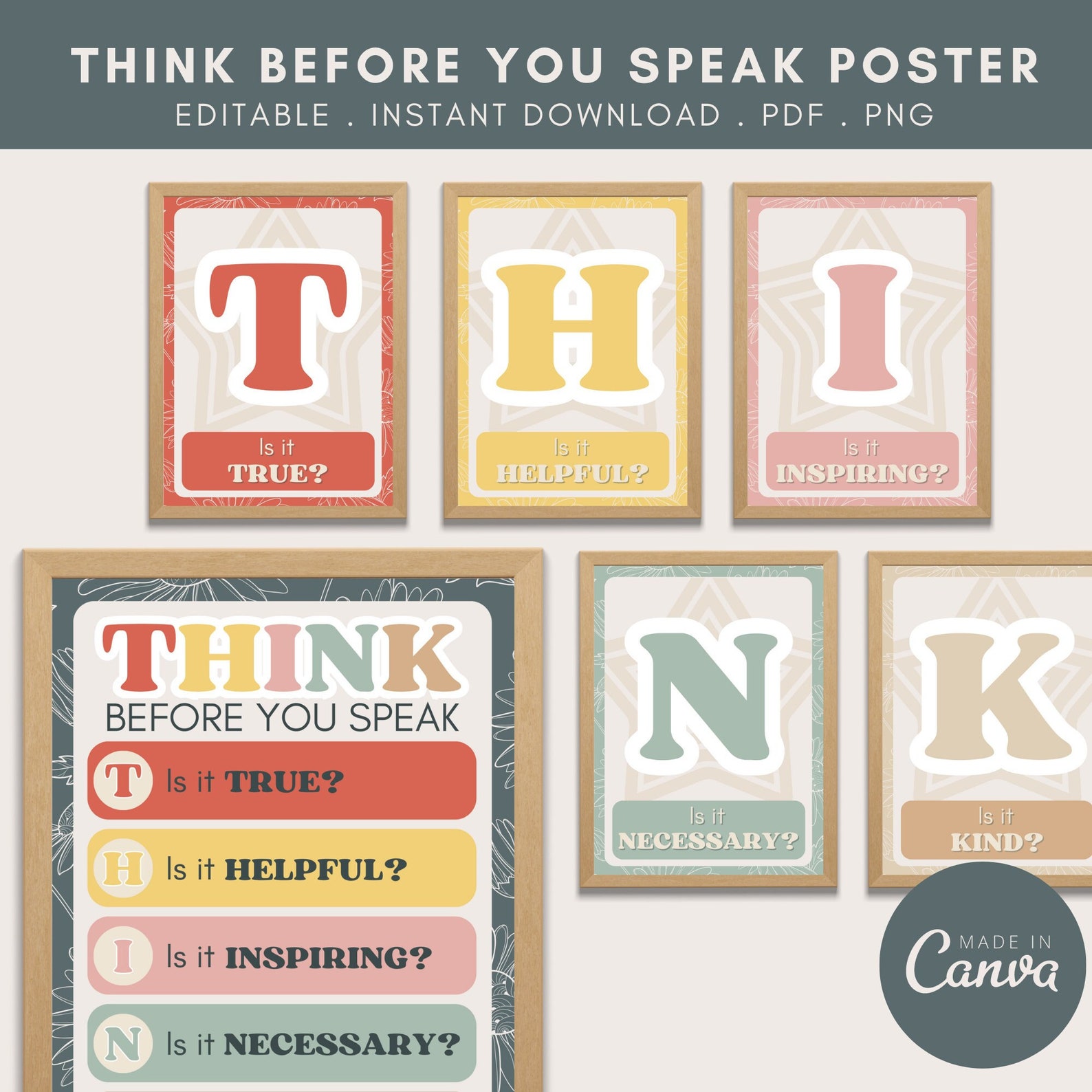 THINK Posters Sets Classroom Decor Boho Style Printable Wall Art ...