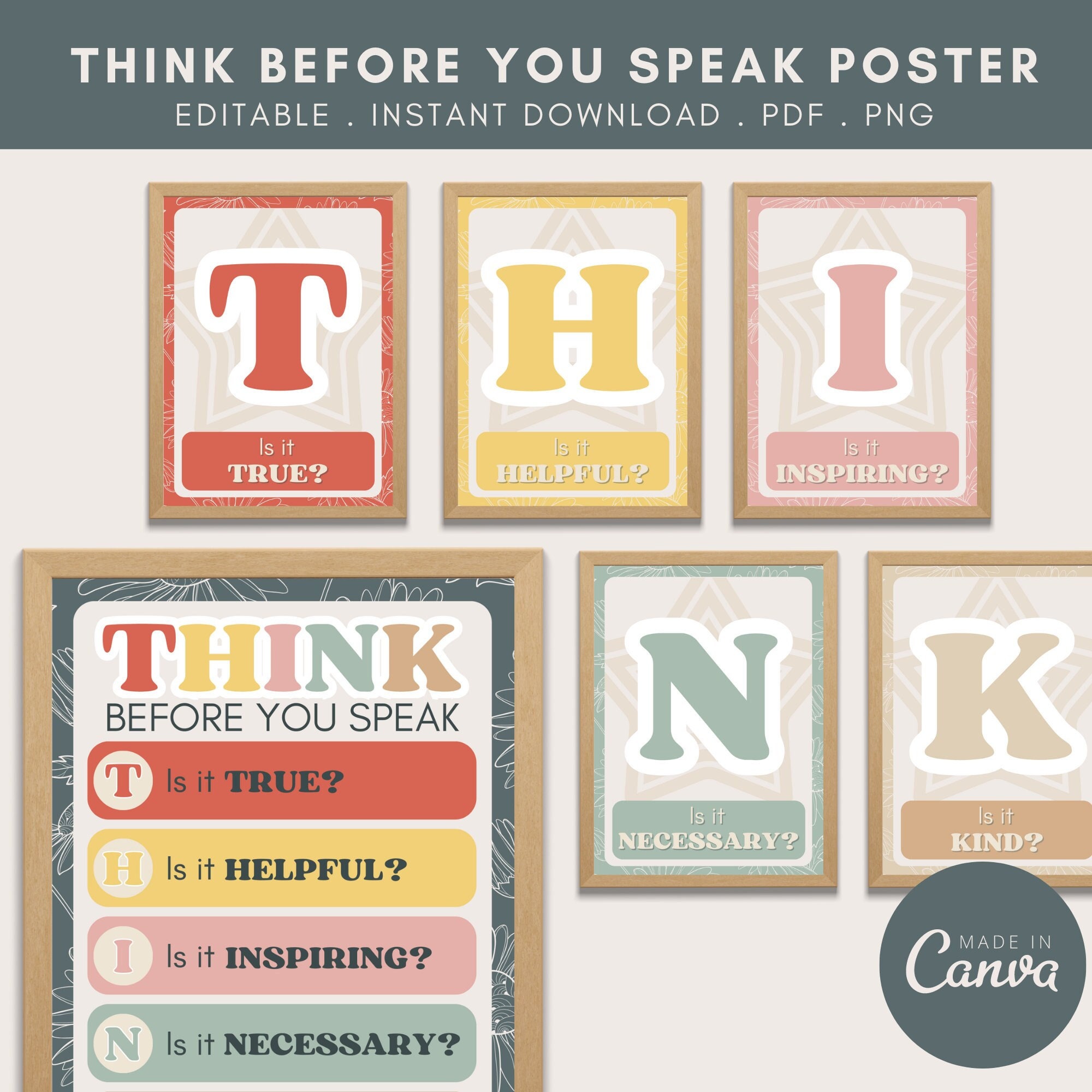 THINK Posters Sets Classroom Decor Boho Style Printable Wall Art ...