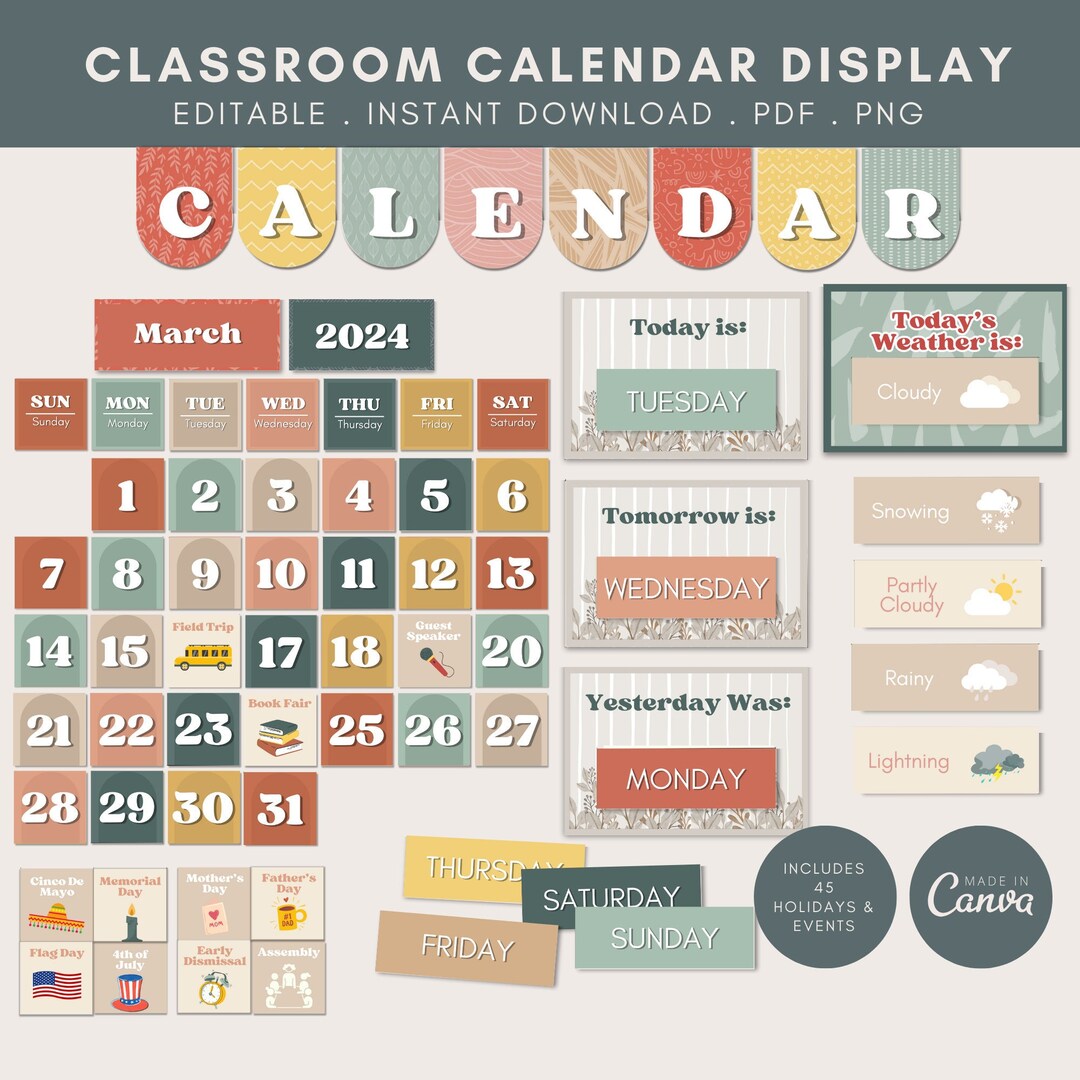 Editable Classroom Calendar Display for Pocket Chart Weather Station ...