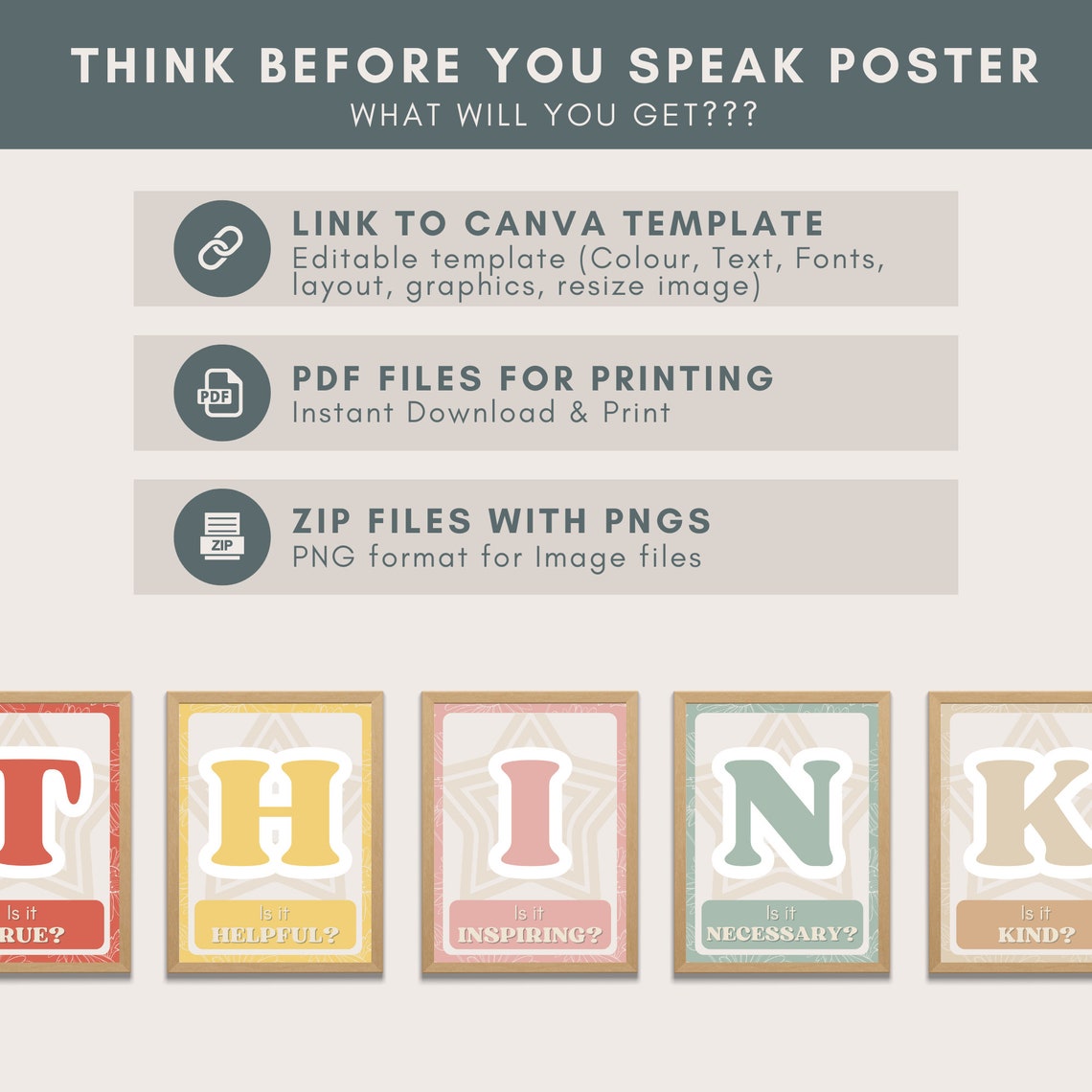 THINK Posters Sets Classroom Decor Boho Style Printable Wall Art ...