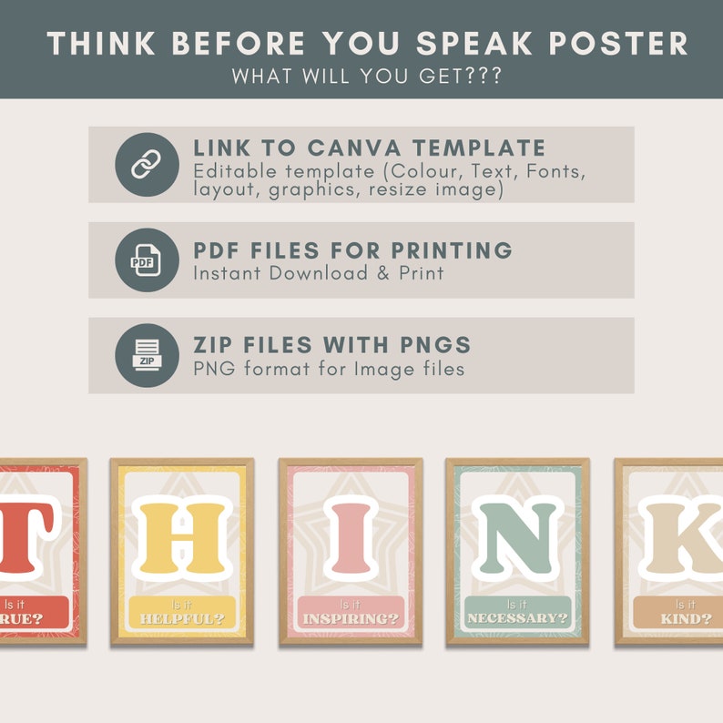 THINK Posters Sets Classroom Decor Boho Style Printable Wall Art ...