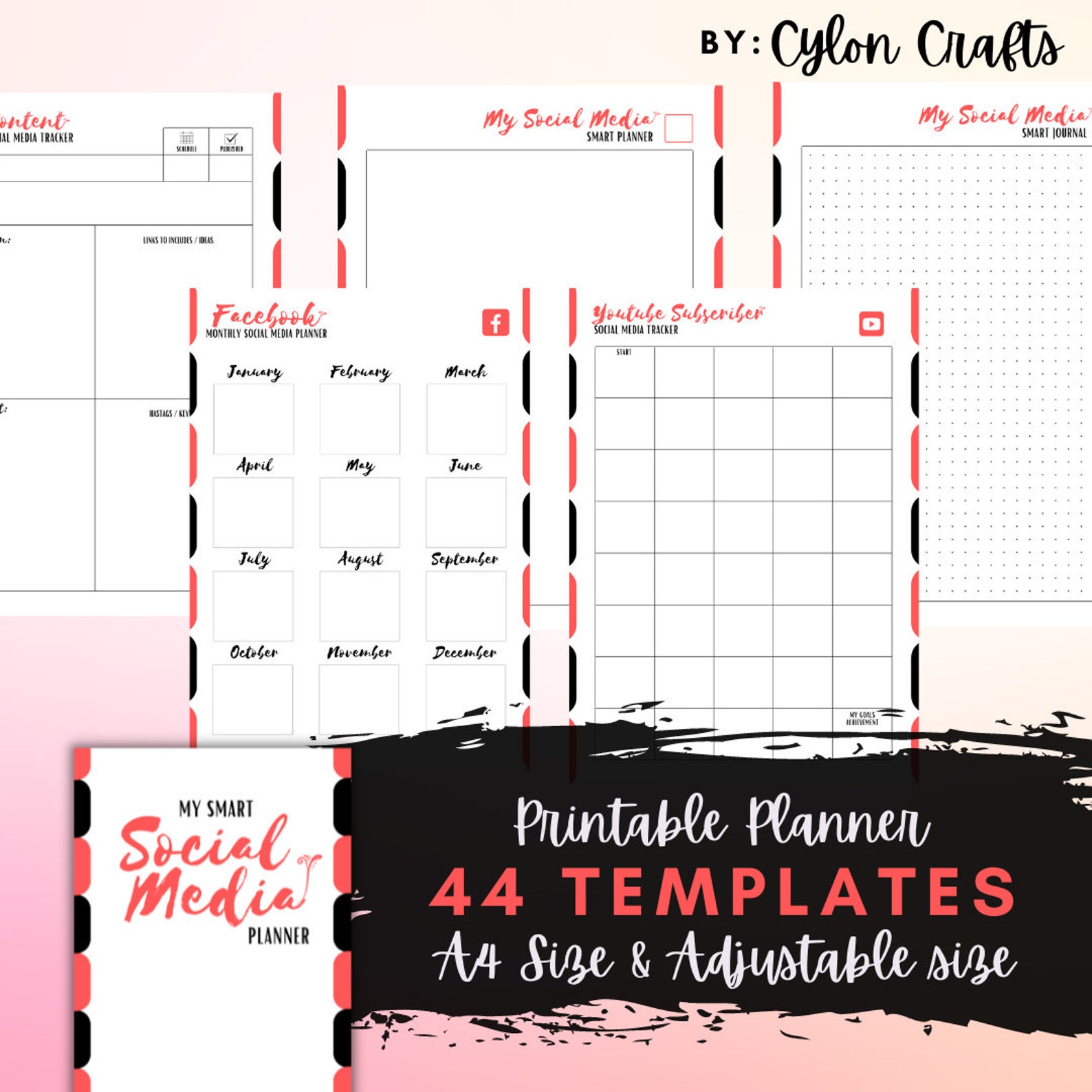 Printable Smart Social Media Planner-red/pink, Post Content Ideas ...