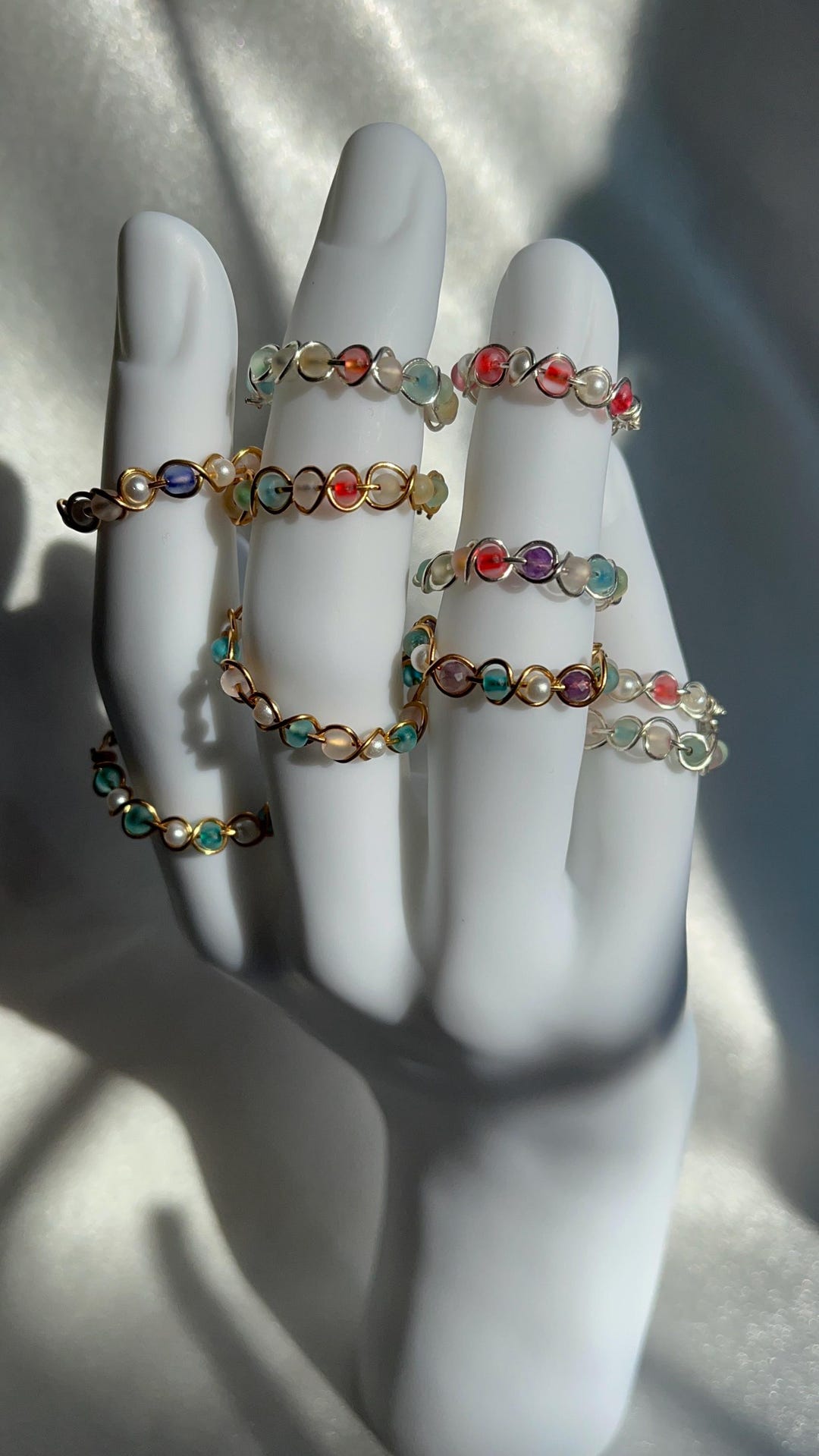 Braided Wire Rings - Handmade Crystal Bead Rings - Gold and Silver ...