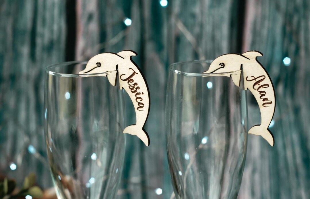 Dolphin Drink Tags - Personalized Wooden Glass Markers - Beach Wedding ...