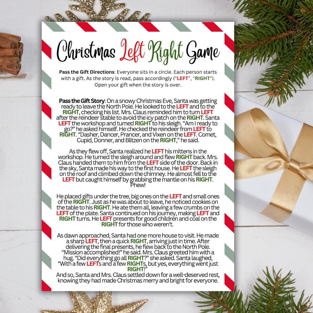 Left Right Christmas Game Story Pass the Parcel White Elephant Gift ...