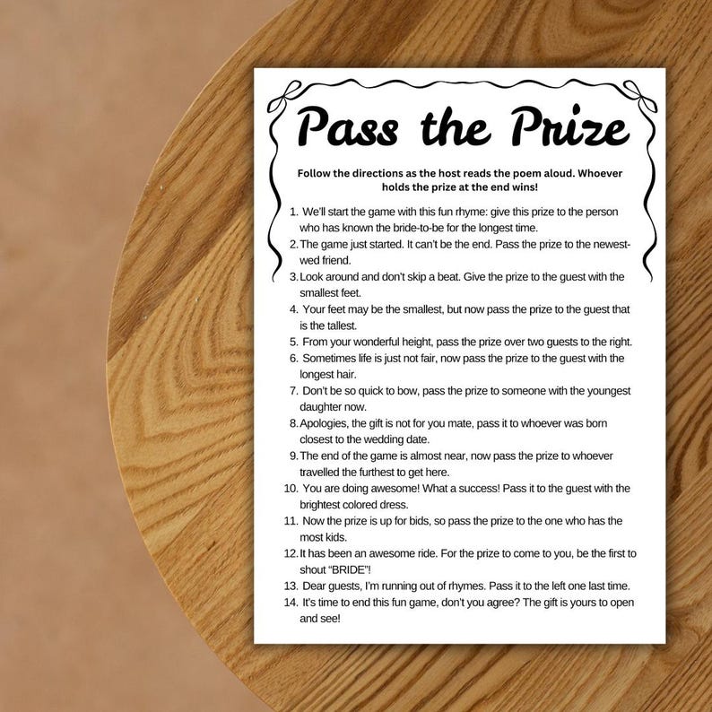 Pass the Prize Bridal Shower Game Bow Bridal Shower Prize Rhyme Game ...