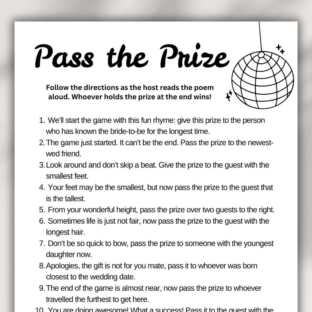 Pass the Prize Bridal Shower Game Disco Bridal Shower Prize Rhyme Game ...