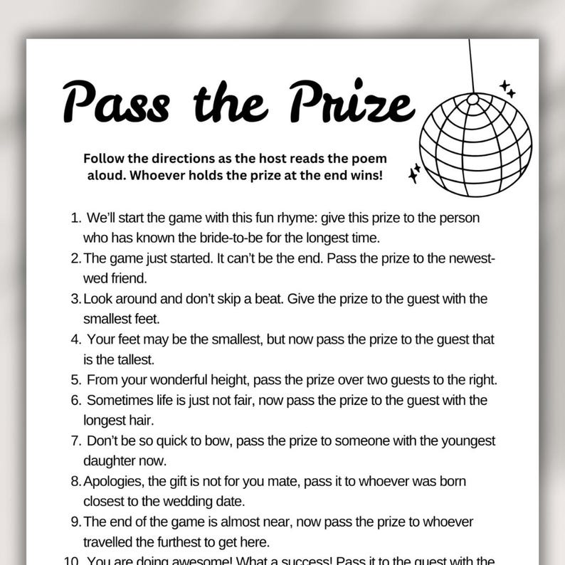 Pass the Prize Bridal Shower Game Disco Bridal Shower Prize Rhyme Game ...