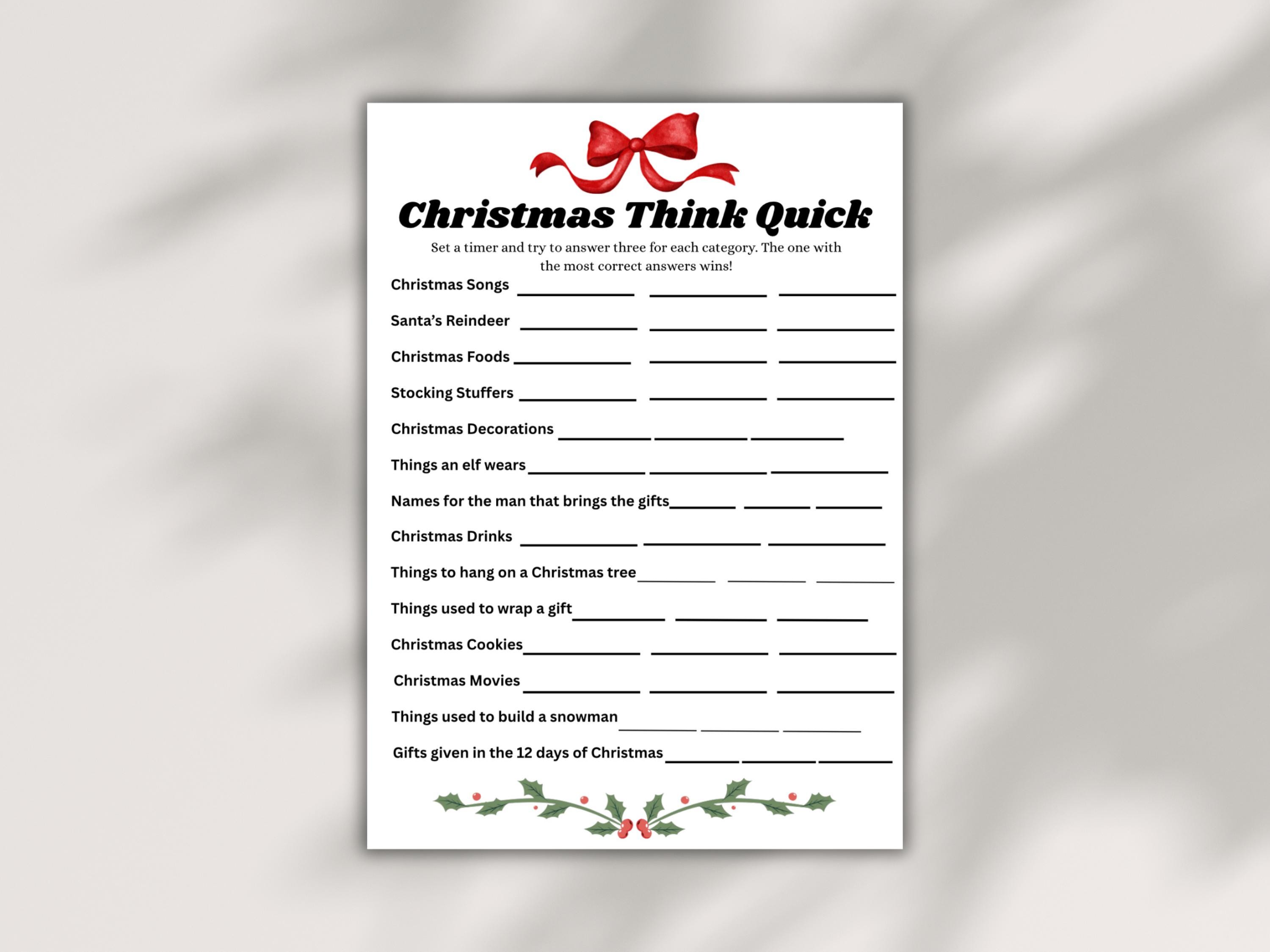 Christmas Think Quick Trivia Game, Friendsmas Party Game,christmas ...