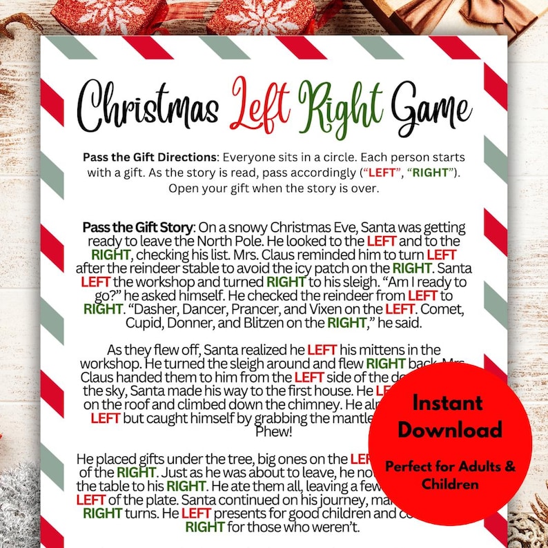 Left Right Christmas Game Story Pass the Parcel White Elephant Gift ...