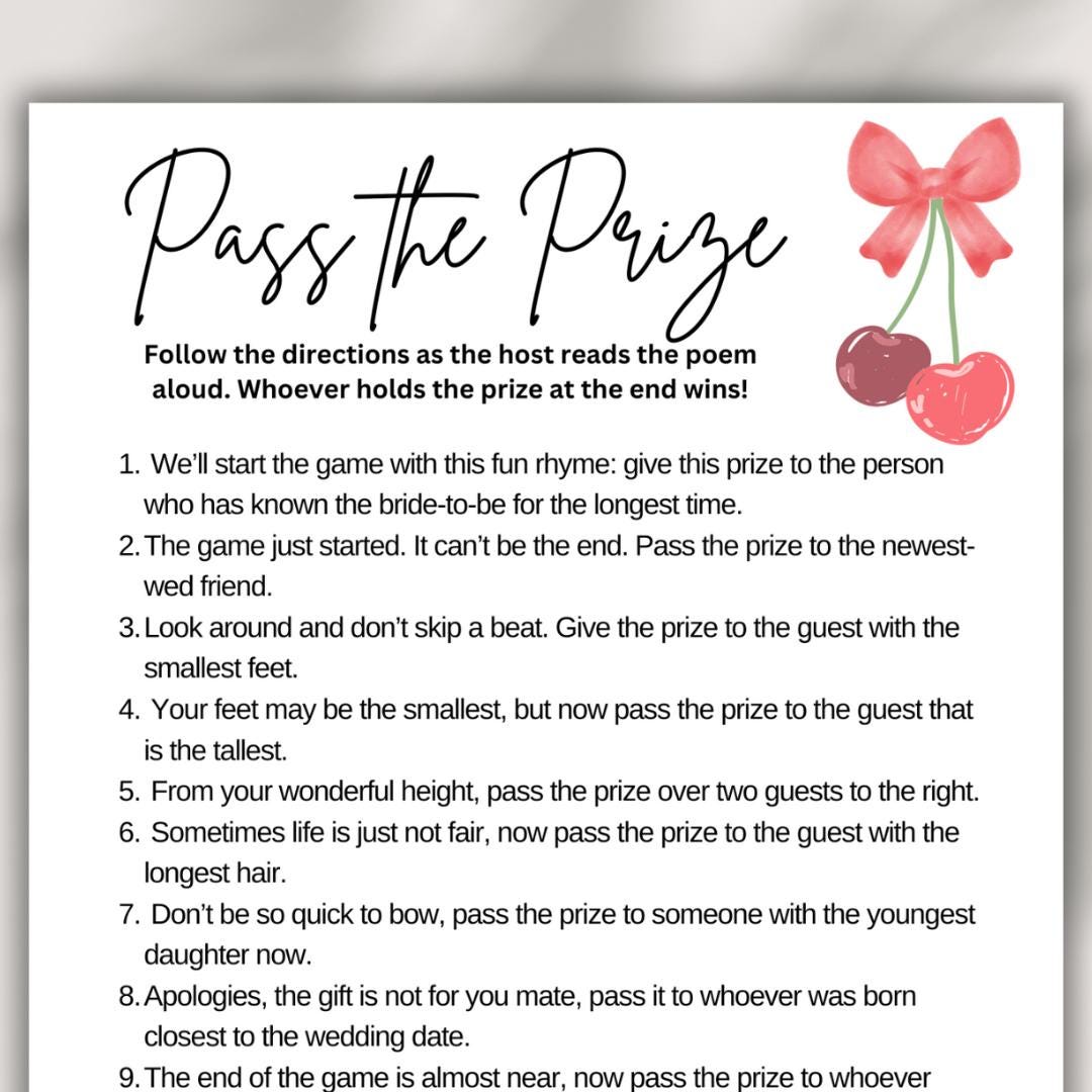 Pass the Prize Bridal Shower Game Cherry Bridal Shower Prize Rhyme Game ...