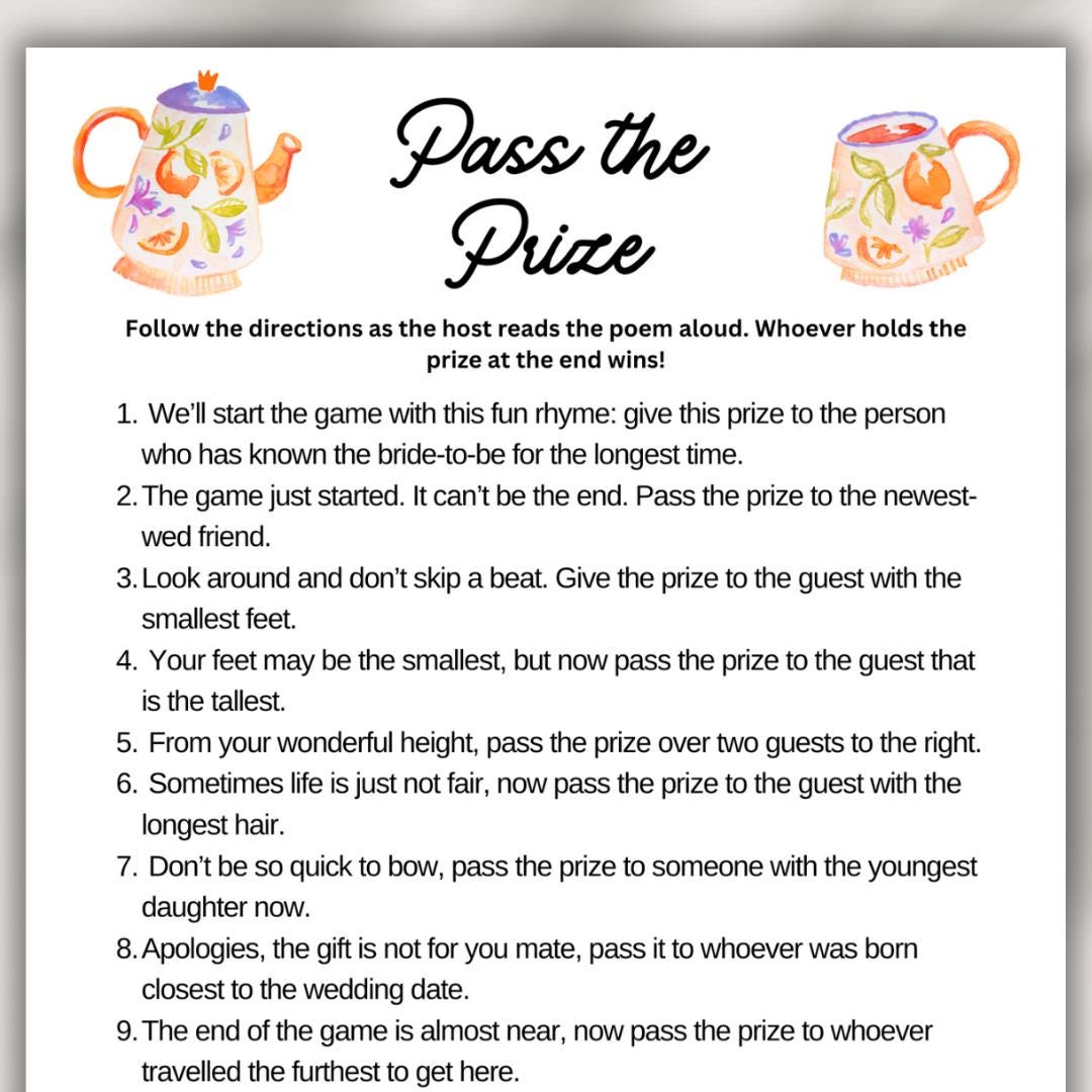 Pass the Prize Bridal Shower Game Tea Party Bridal Shower Prize Rhyme ...
