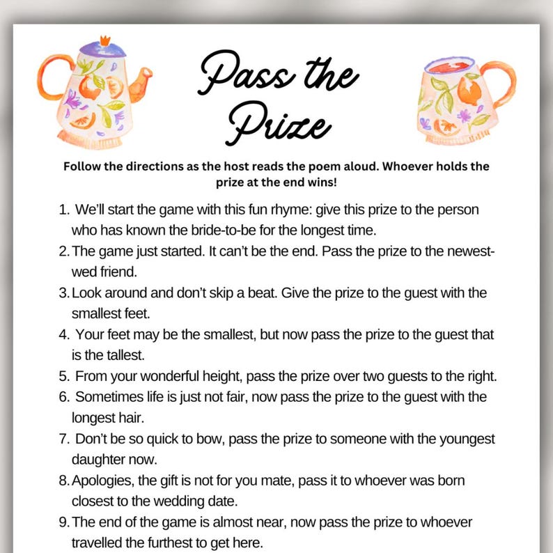 Pass the Prize Bridal Shower Game Tea Party Bridal Shower Prize Rhyme ...