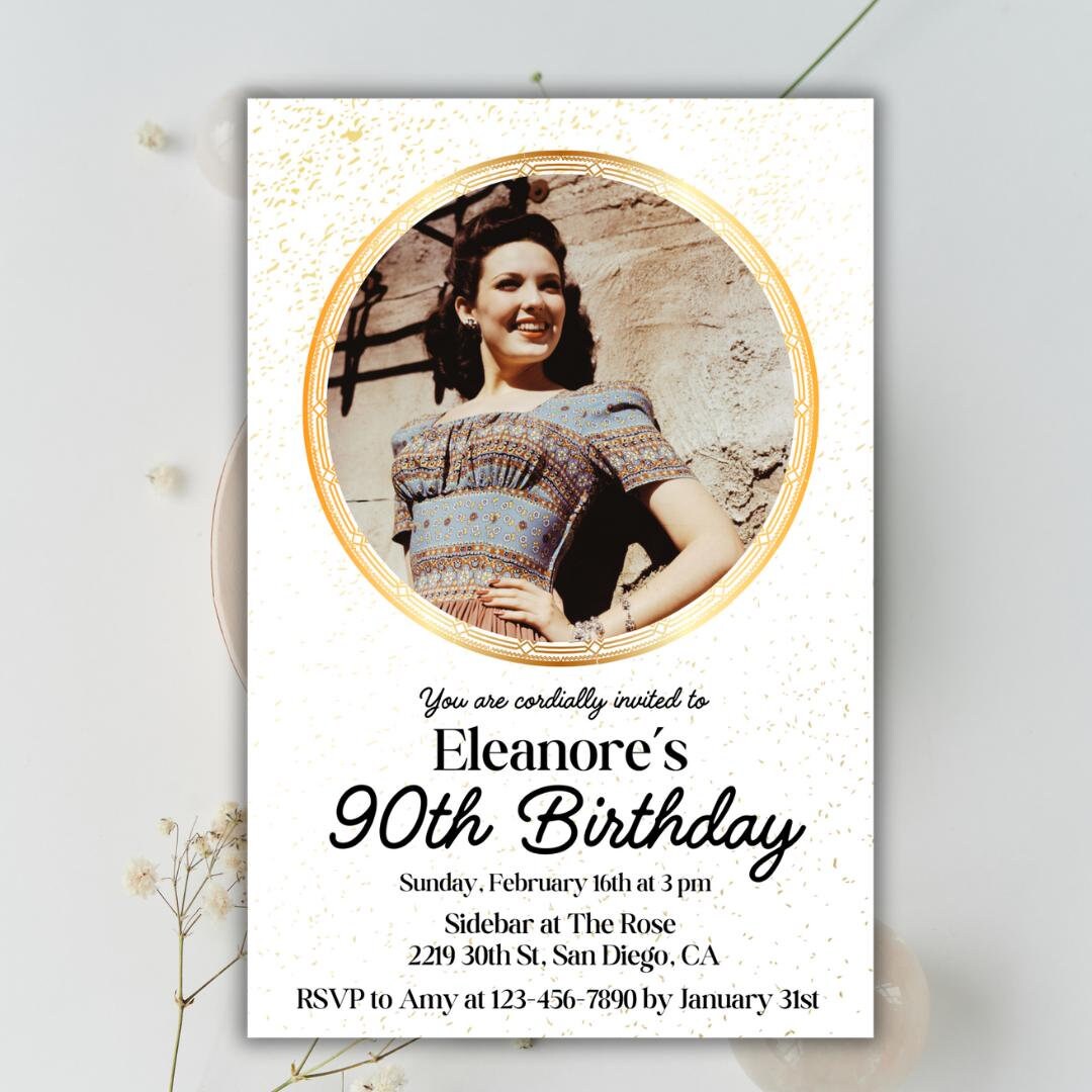 Editable 90th Birthday Invitation With Photo Gold 90th Birthday ...