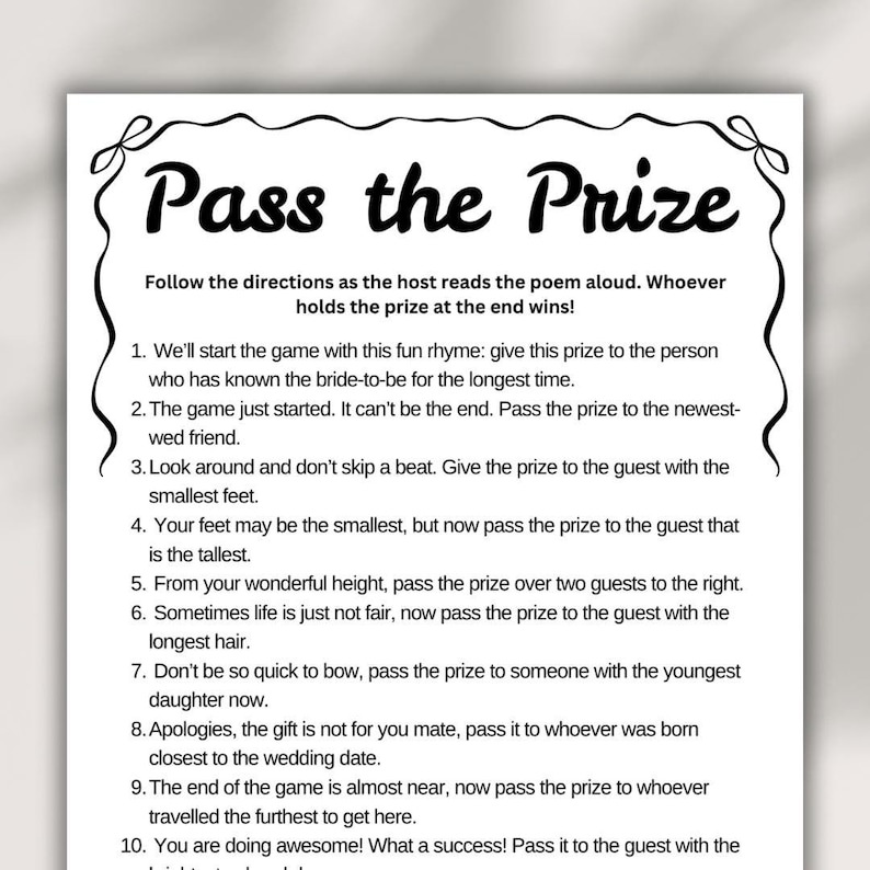 Pass the Prize Bridal Shower Game Bow Bridal Shower Prize Rhyme Game ...