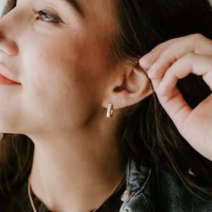 Textured Rectangle Huggies, Gold Hoop Earrings, Layering Hoops, Gold Filled Hoops, Gold Earrings ...