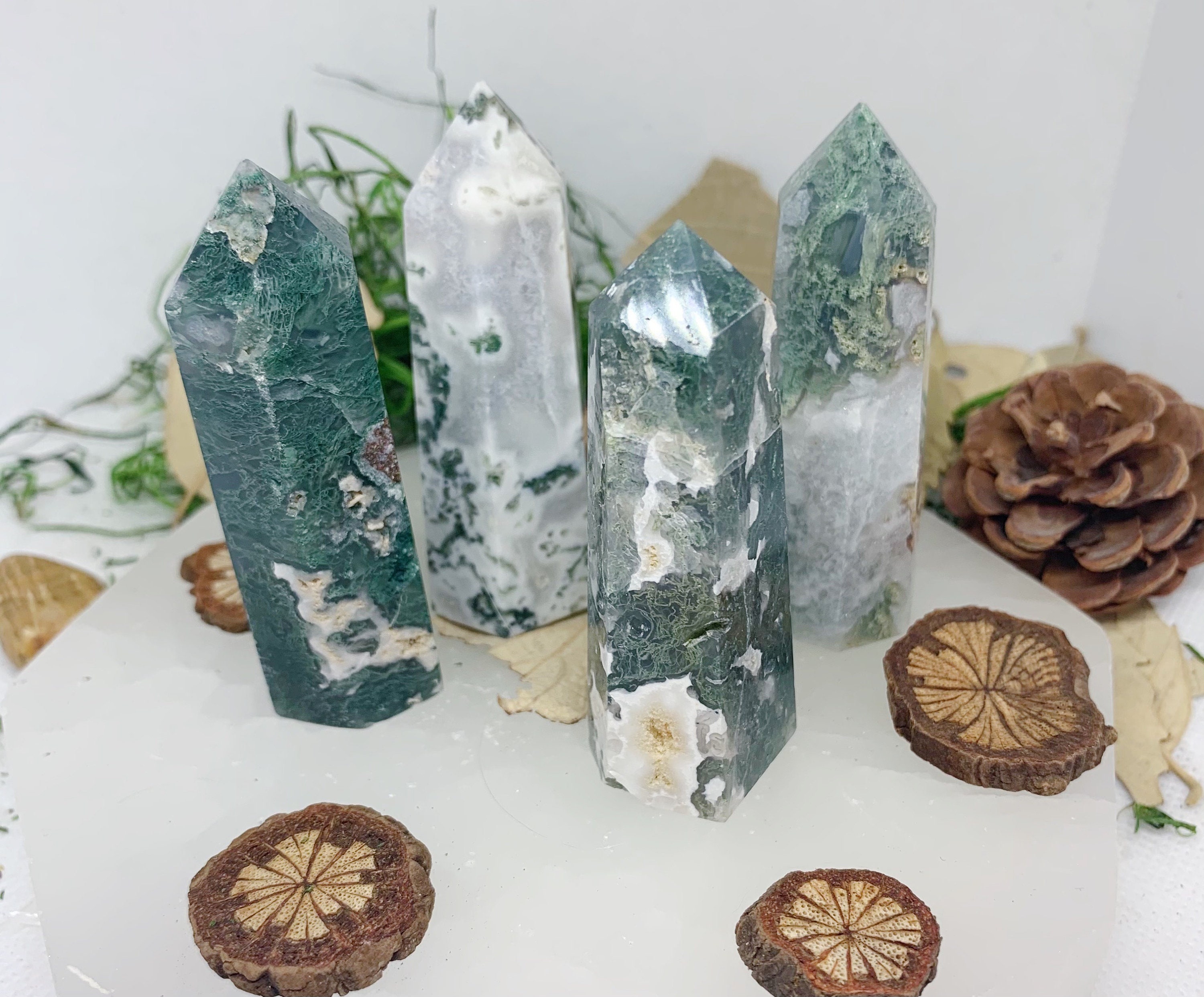 Moss Agate Tower Natural moss agate point carving shaped | Etsy