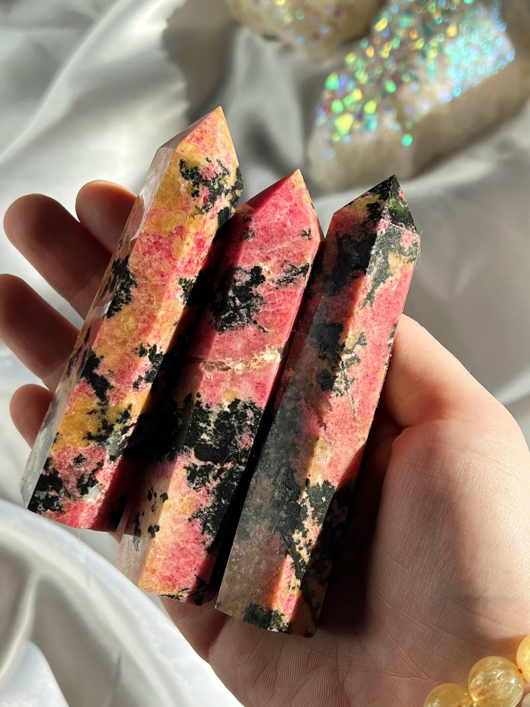 High Quality Rhodonite Tower - Bright Pink and Orange! “yellow ...