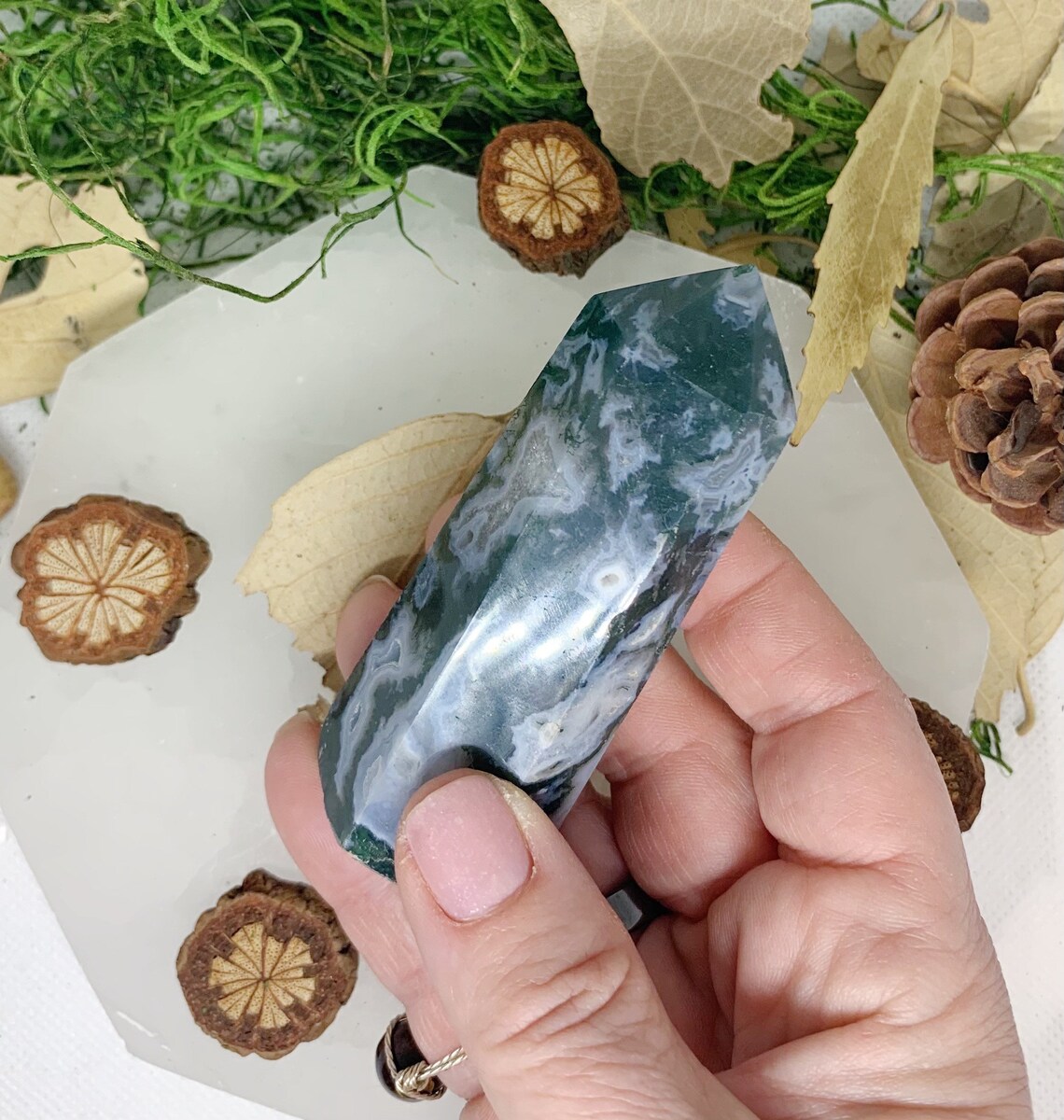 Moss Agate Tower Natural moss agate point carving shaped | Etsy