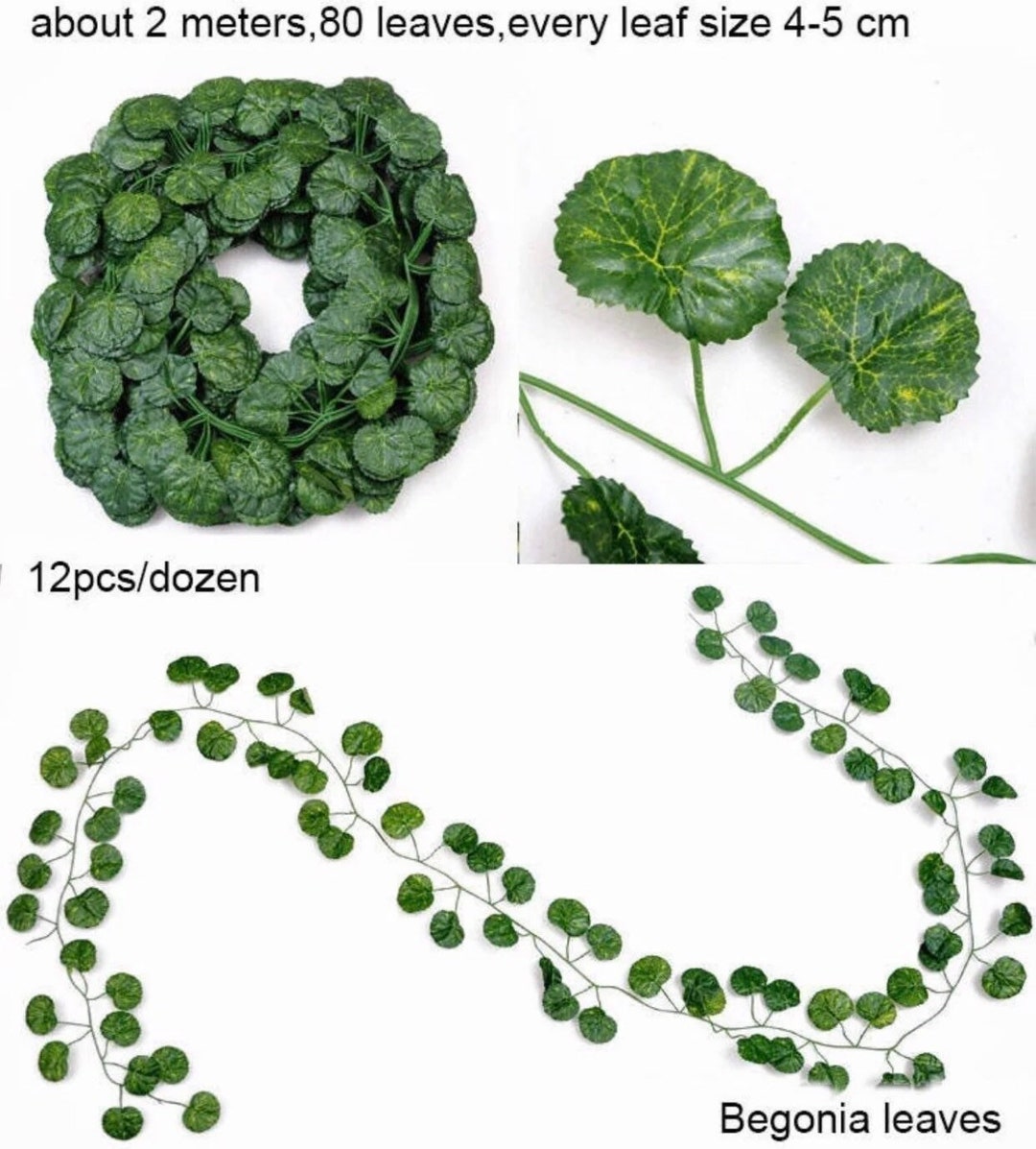 12 Pcs Artificial Ivy/begonia/watermelon/scindapsus Garland Leaves ...