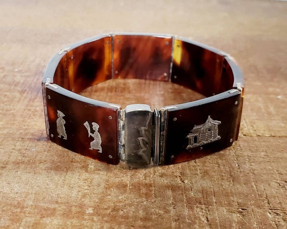 Antique Faux Tortoise Resin Panel Bracelet With Silve… - Gem