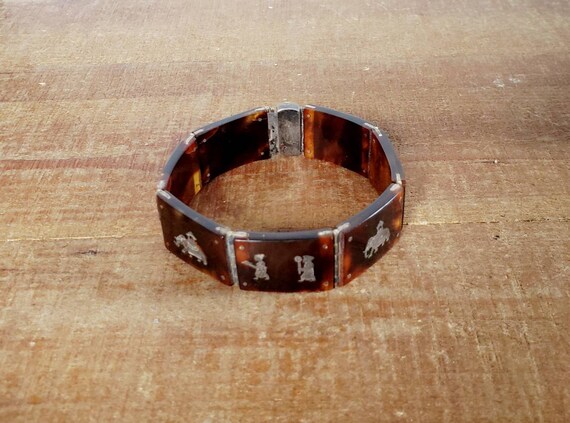 Antique Faux Tortoise Resin Panel Bracelet With Silve… - Gem