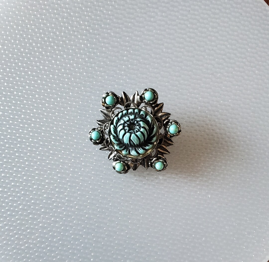 Vintage Silver Toned Round Floral Design With Turquoise Colored Faux ...