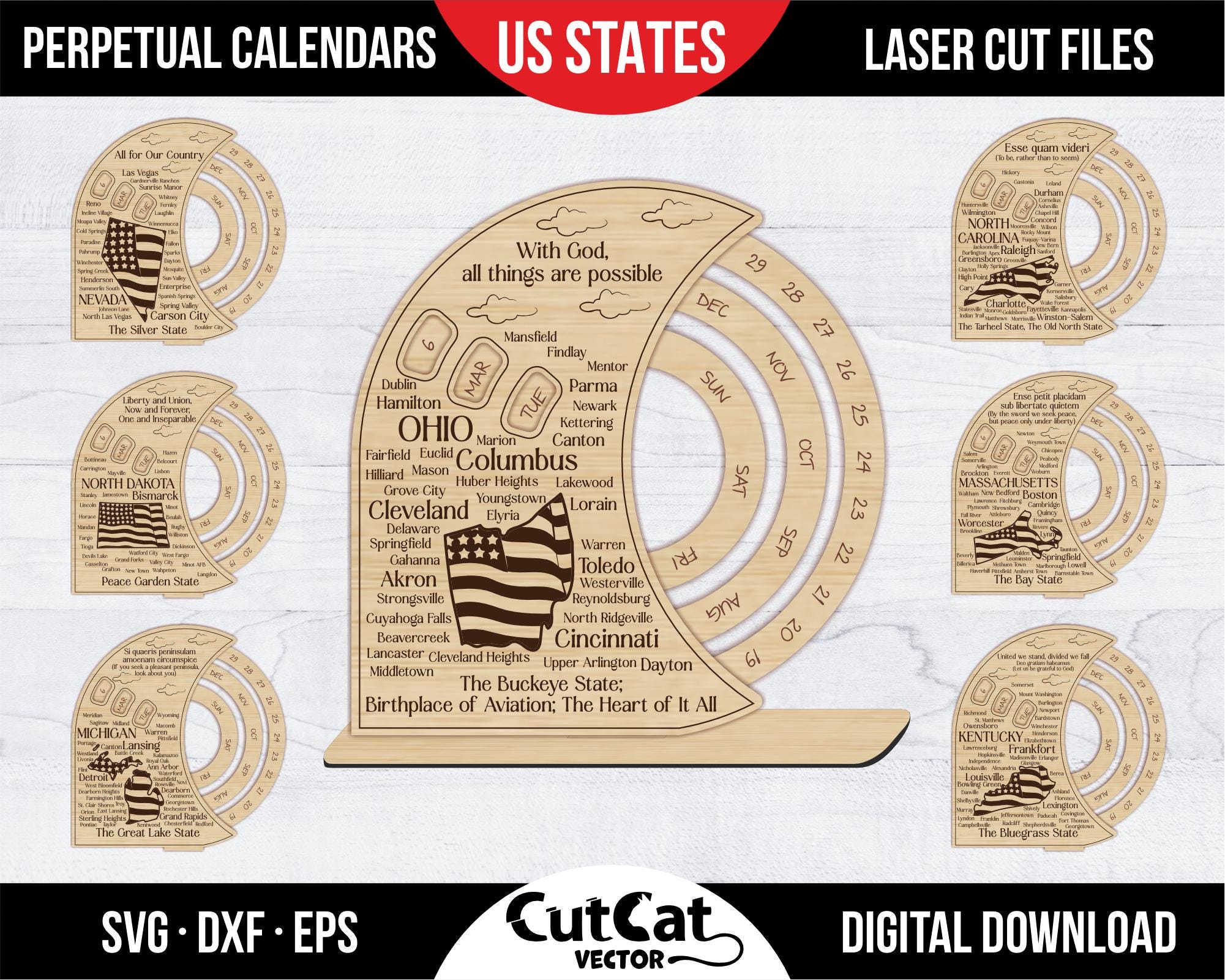 Perpetual Calendar With US States Svg. America Map With Cities. Laser ...