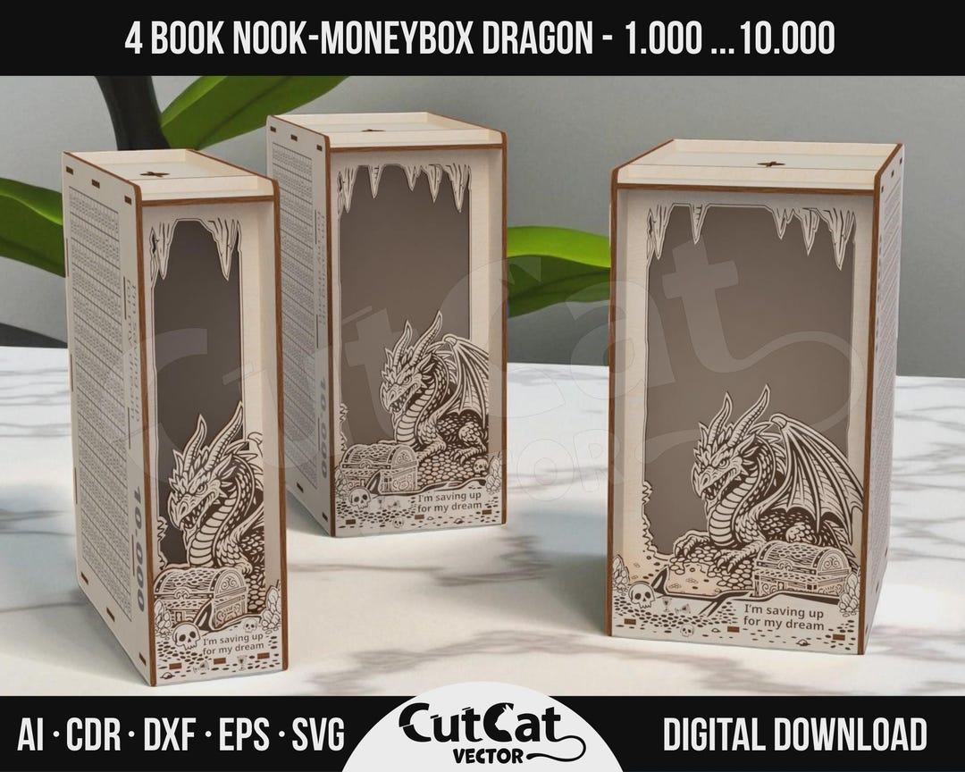 Dragon Book Nook Coin Bank SVG: Laser Cut Fantasy Savings Box (digital ...